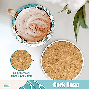 Teivio Round Drink Coasters Set of 8, Blue Marble Absorbent Stone Coaster Set, Cork Base, with Holder, Decorative Cup Coasters for Housewarming