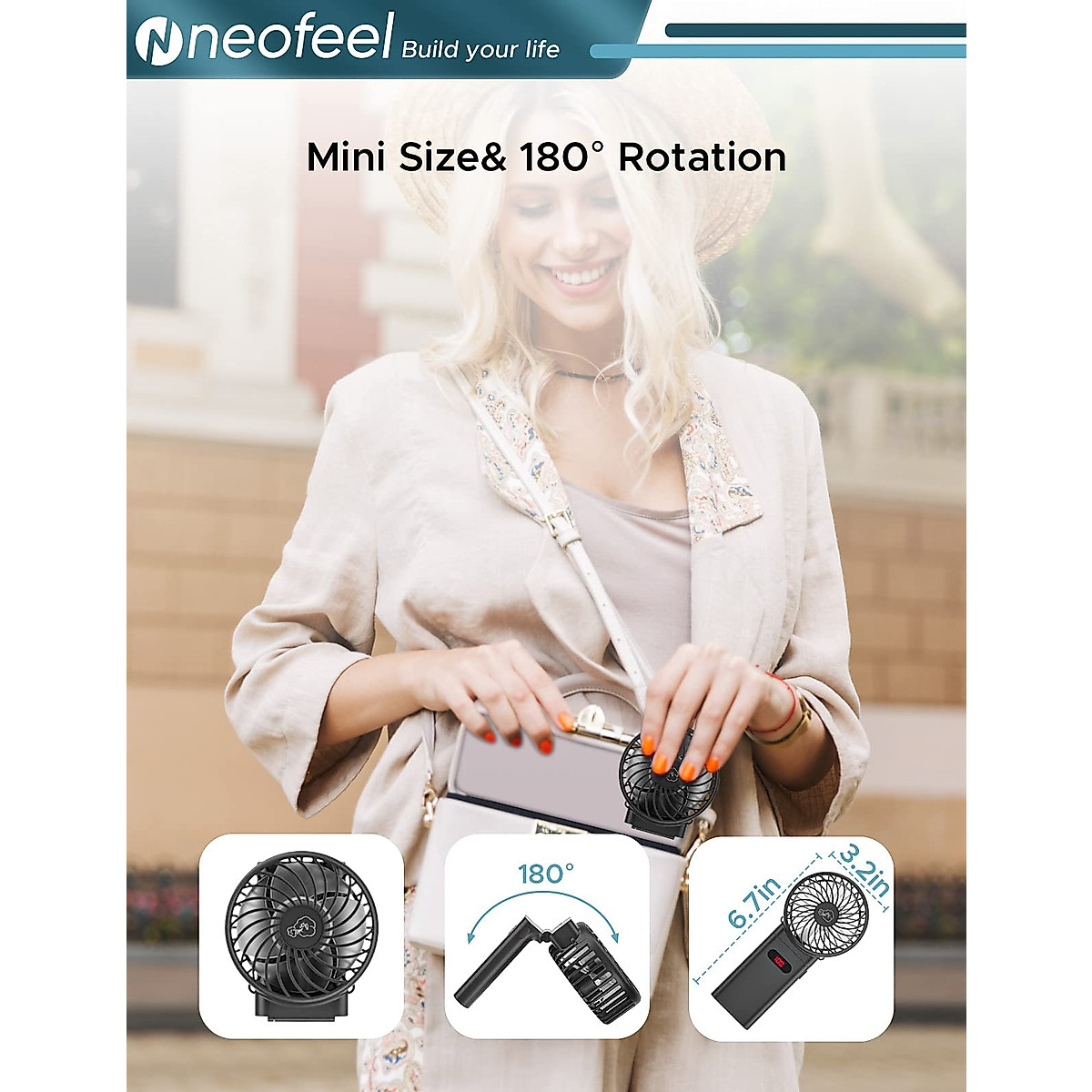 neofeel Portable Handheld Fan, 4000mAh 15hrs Personal Fan with Adjustable Lanyard, 4 Speeds Battery Operated Fan In Rechargeable for Hiking, Travel, Office, School, Camping