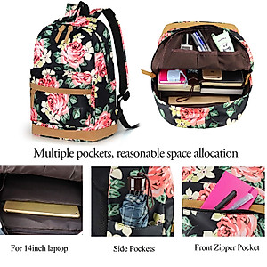 Teen Girl School Backpack with Lunch Box Pencil Case, 3 in 1 Canvas Student BookBag Set for Elementary School (Floral)