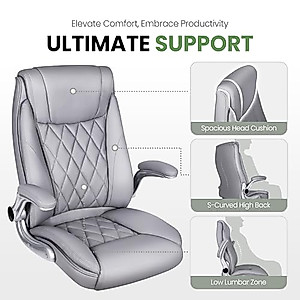 NEO CHAIR Office Chair Computer High Back Adjustable Flip-up Armrests Ergonomic Desk Chair Executive Diamond-Stitched PU Leather Swivel Task Chair with Armrests Lumbar Support (Grey)