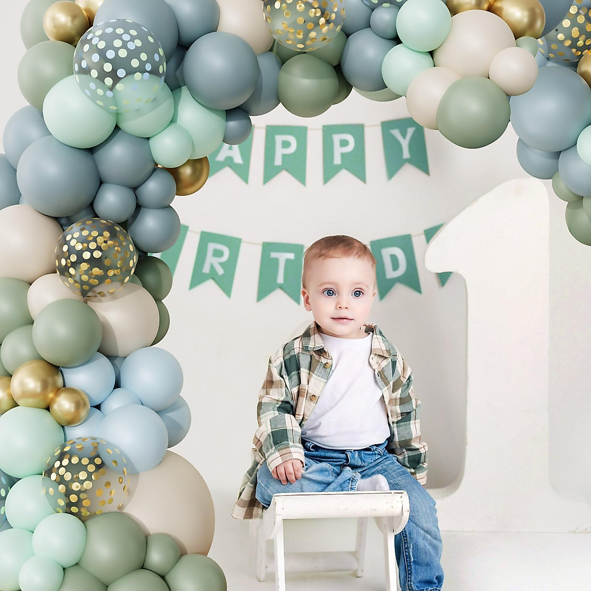 Ouddy Life Dusty Blue Balloon Arch Kit, 179pcs Sage Green Pastel Blue Sand White Gold Confetti Balloons Butterfly Stickers for Boho Baby Bridal Shower Birthday Wedding Woodland Party Decorations