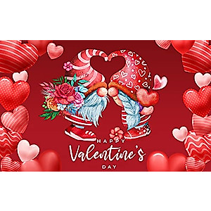 3.7x6Ft Valentines Day Backdrop Banner Romantic Love Heart with Gnomes Happy Valentine's Day Sign Photography Background Photo Booth Props for Proposal Bridal Shower Wedding Party Decorations Supplies