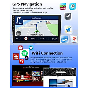 10 Inch Android Car Stereo Double Din with Wireless Carplay Android Auto, Touch Screen Car Radio Supports GPS Navigation, WiFi, Hi-Fi Sound, FM/RDS Radio, Split Screen+ Backup Camera
