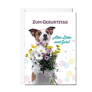 Burg Street Creations German Birthday Card - Zum Geburtstag Alles Liebe und Gute (Dog Holding Bouquet of Flowers)