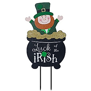 DECSPAS St Patricks Day Decorations, Irish Gnome Decorative Garden Stakes St Patricks Day Decor, Goblins in Gold Jars Design St. Patrick's Day Decorations for The Home, Outdoor, Garden, Patio