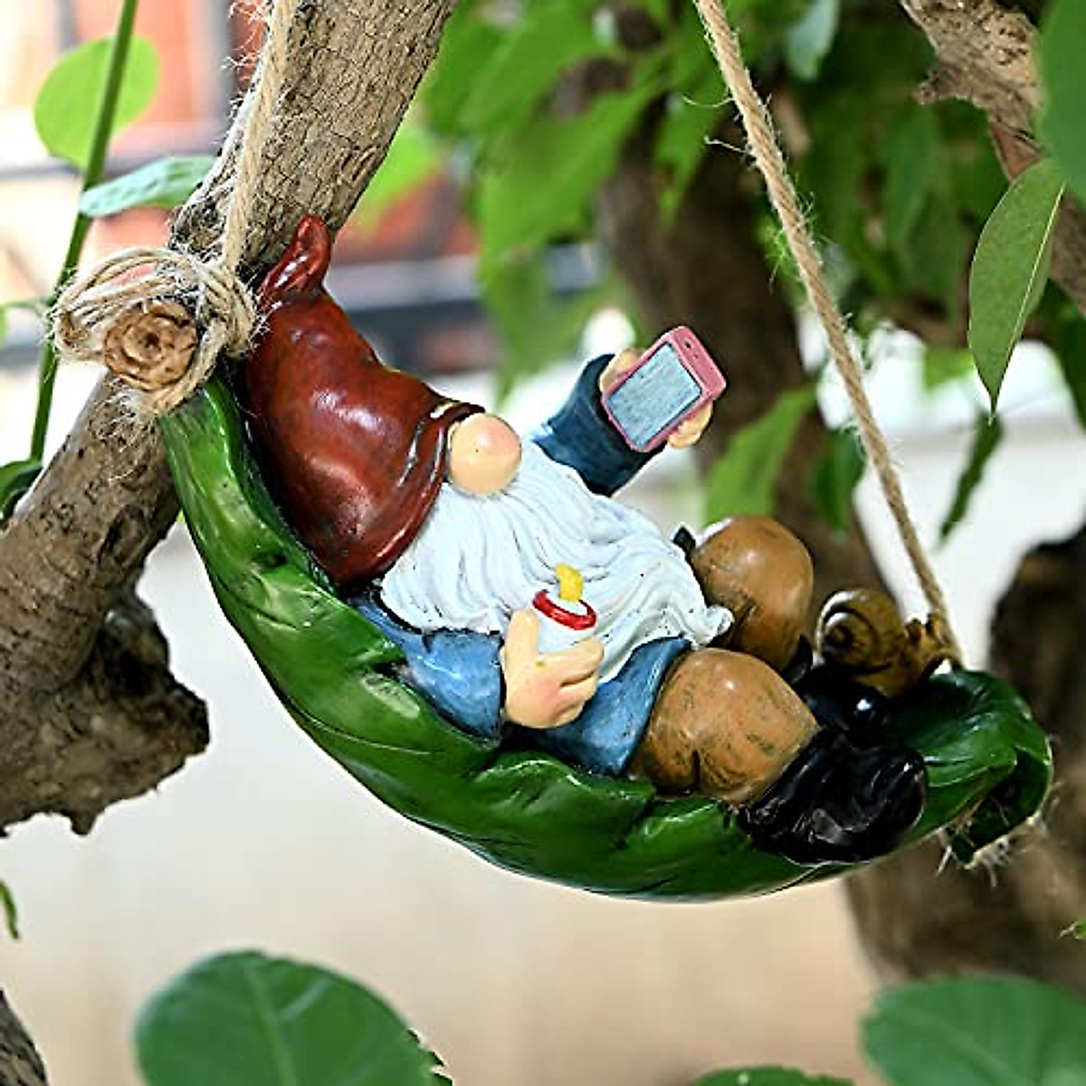 ASAMASA Funny Garden Gnomes Outdoor Hanging Statue, Fairy Garden Swinging Leaf Hammock Gnome Figurine for Lawn Patio Yard Tree Decorations,Adorable Relaxed Gnome