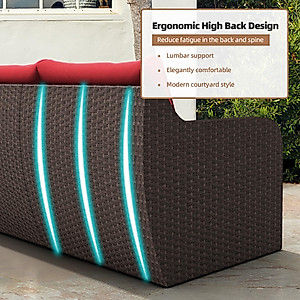 HOMREST 7 Piece Patio Furniture Set, PE Rattan Sectional Sofa, High Back Outdoor Furniture Set, Wicker Patio Conversation Set with Cushion and Glass Table for Garden, Backyard, Poolside(Khaki+Red)