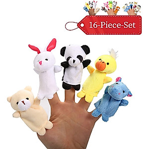 16Pcs Finger Puppets Set,10 Animal Finger Puppets + 6 People Finger Family Members,Cloth Velvet Puppets for Kids,Finger Puppets for Toddlers,Educational,Story Time Toys