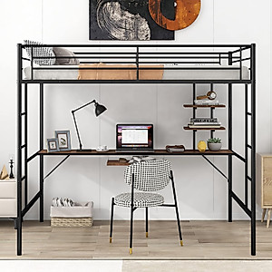 RUNWON Full Size Metal High Loft Bed with Under-Bed Long Desk and Storage Shelves for Kids Adults