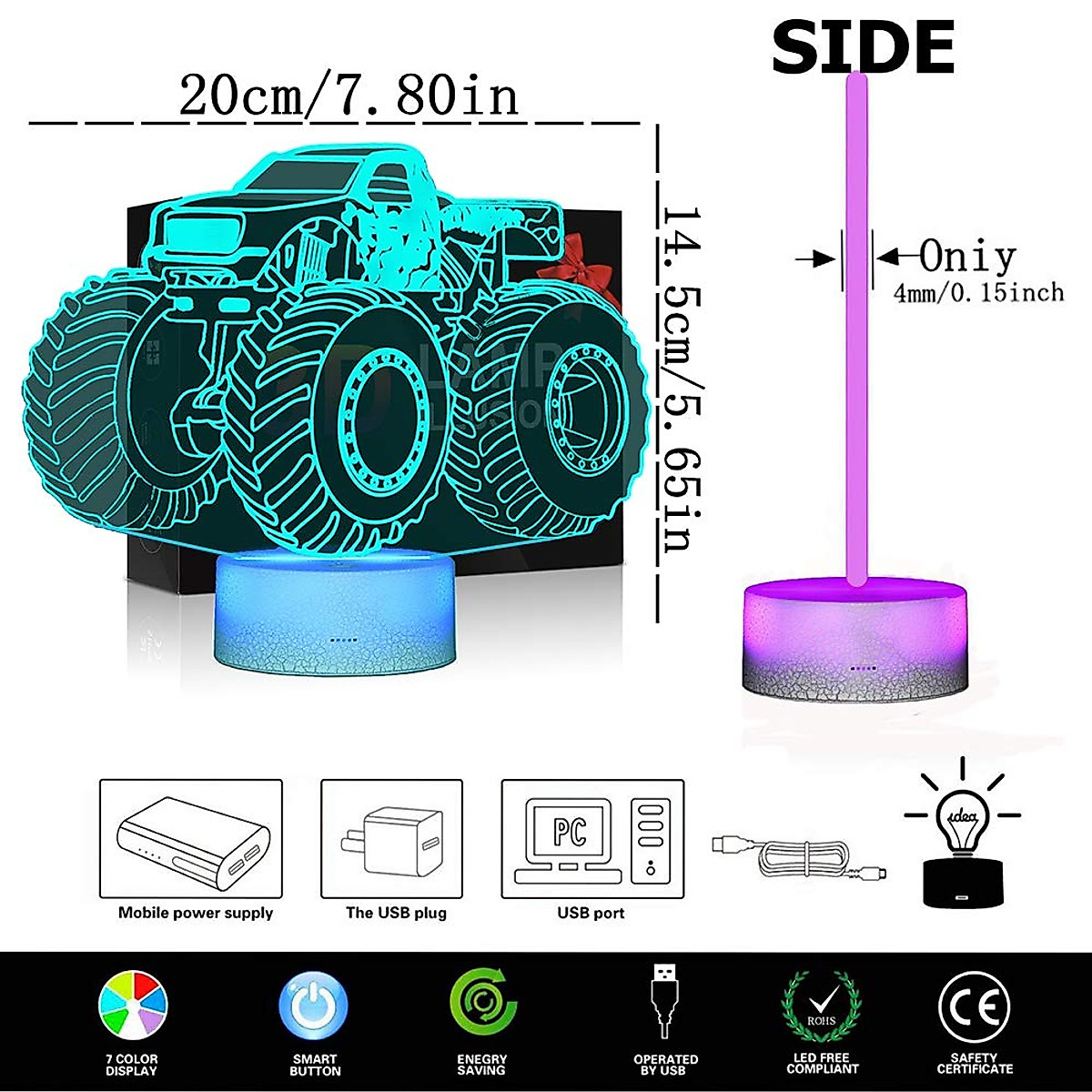 Night Lights for Kids Monster Truck 3D Night Light Bedside Lamp 7 Colors Changing with Remote Control and Timing Function Best Birthday Gifts for Boys Girls Kids Baby