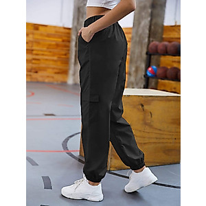 SweatyRocks Women's Casual Elastic Waist Jogger Workout Cargo Pants with Pockets Pure Black XS