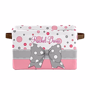 Polka Dots Bow Pink Personalized Storage Bins Basket Cubic Organizer with Durable Handle for Shelves Wardrobe Nursery Toy 1 Pack