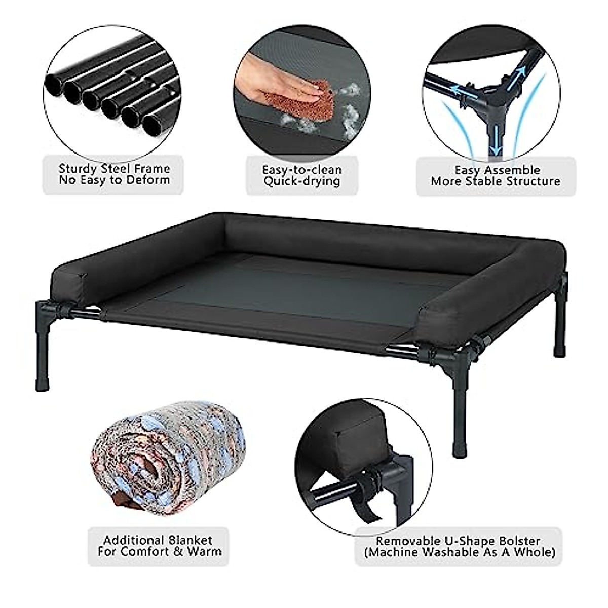 Titwest Cooling Elevated Dog Bed, Outdoor Raised Dog Cots Beds for Large Dogs, Portable Pet Bed with Washable Breathable Mesh, Removable Bolster, Blanket and No-Slip Feet, Fits up to 75lbs
