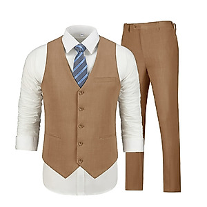 Furuyal Men Linen Beach Wedding Suits Casual Linen 2 Piece Suit Mens Summer Wedding Suits Groomsmen Tuxedos Prom Formal Outfit Vest+Pant Khaki-M
