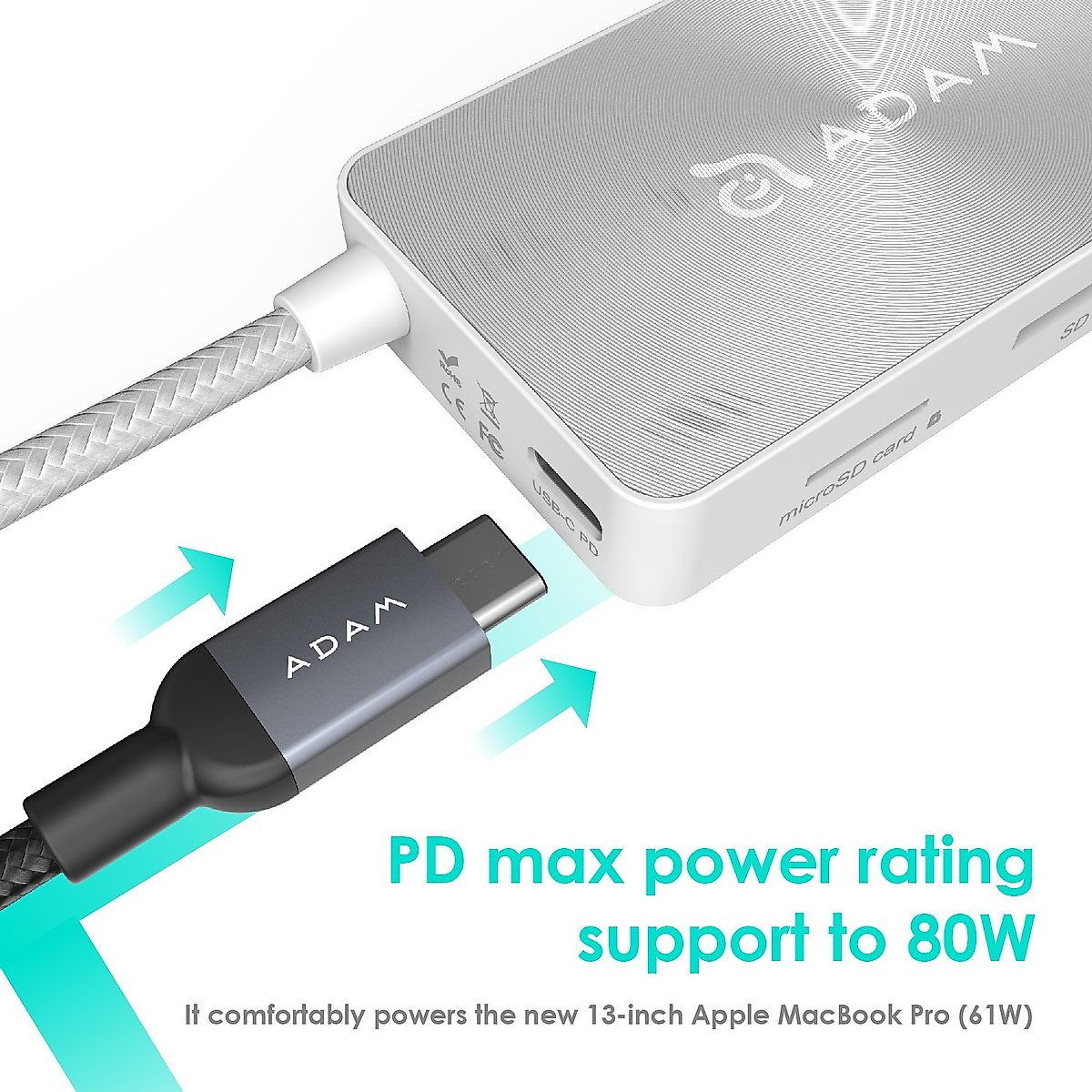 ADAM elements 5-in-1 USB C Hub - 80W USB C PD - SD Card/microSD Card Reader - 2 USB A 3.1 Ports - Portable, Durable Aluminum Case, Compatible for Mac, Windows, Chrome (CASA Hub PDC501, Silver)