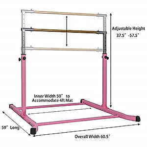 Pro-Gymnastics Expandable Kip Bar Adjustable Height for Gymnastics 3 to 5 FT Gymnastics Bar, with 6 FT x 4 FT Tumble Mat, Horizontal Junior Training Bar Cushioned Bar & Curved Legs (Pink)