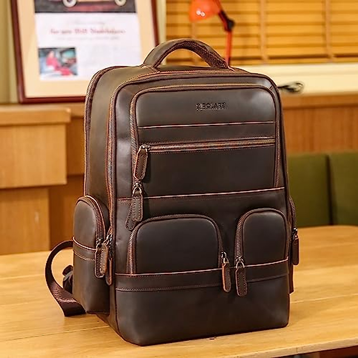 Polare Full Grain Leather 17.3 Inch Laptop Backpack 29L Large Business Overnight Weekender Rucksack Vintage Multi Pockets Travel Computer Bag