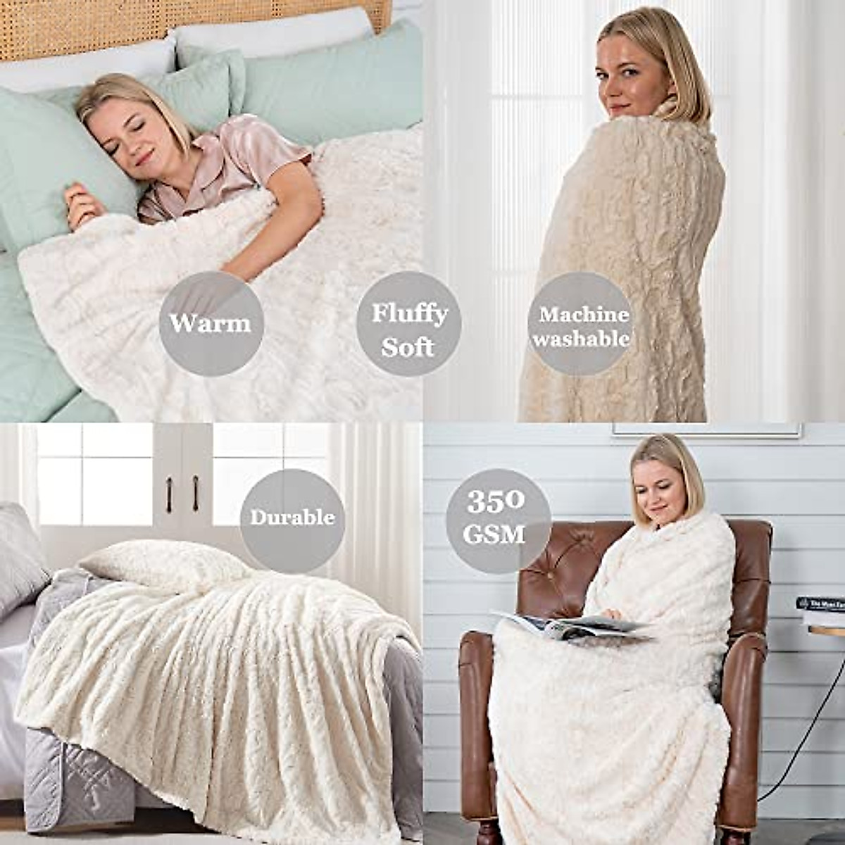 COZYART Faux Fur Throw Blanket for Couch - 50"x60" Cream Super Soft Plush Luxurious and Elegant with Comfy Reversible Microfiber Fluffy Blankets and Throws for Bed Home Decorative