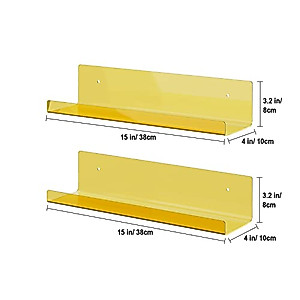 RRG 15 Inch Acrylic Floating Shelves, 2 Pack Kids Floating Bookshelf Wall Mounted Display Shelf for Books, Kids Room, Nursery, Bedroom, Bathroom, Living Room (Yellow)
