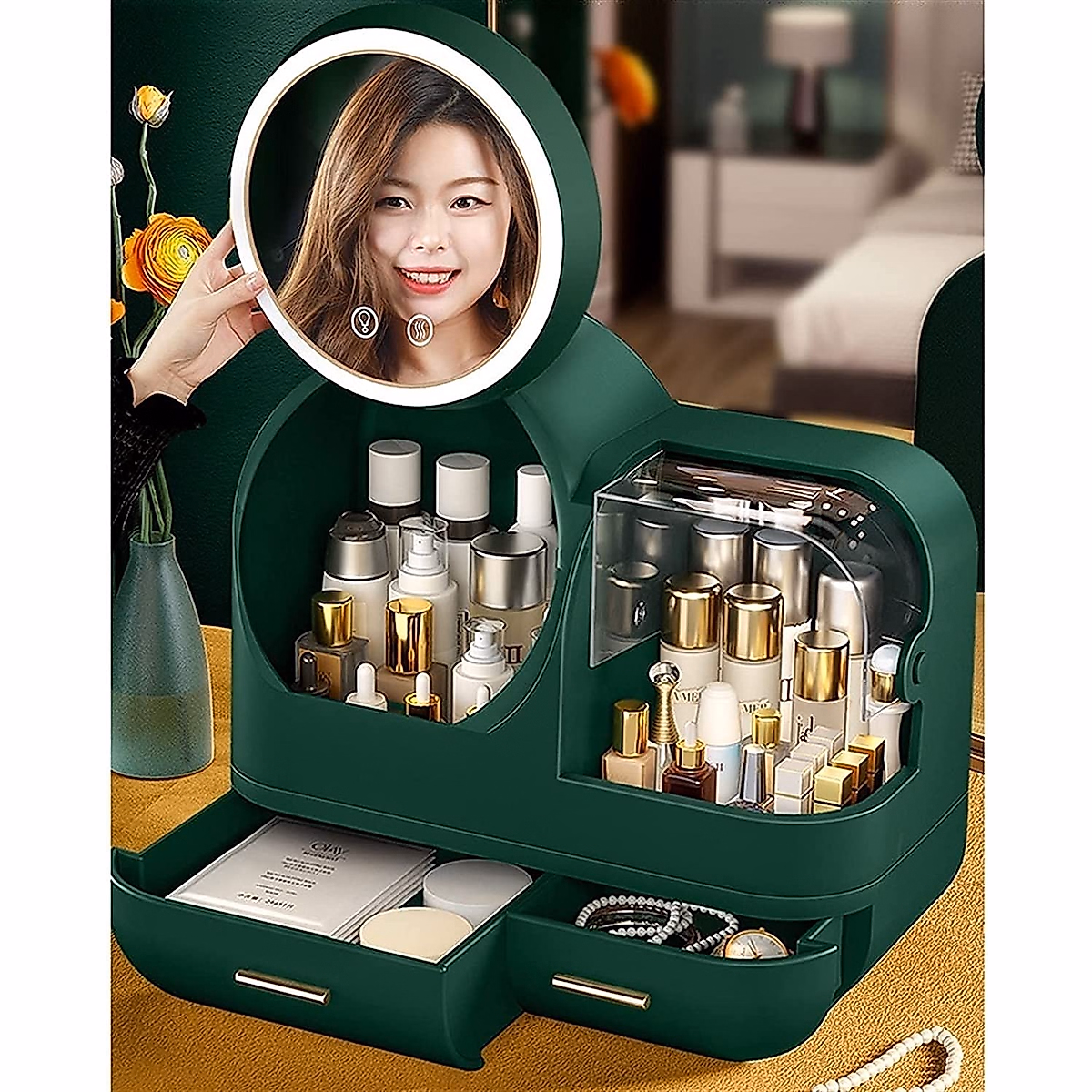 YXYH Cosmetic Organizer with Fan and 360° Rotating LED Mirror 3 Color Adjustable Standing Countertop Multifunctional Makeup Storage Box ( White)