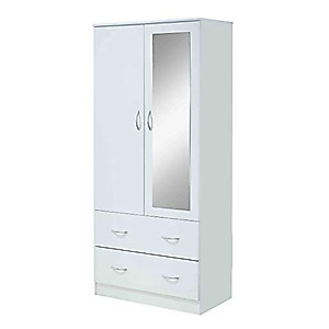Hodedah Two Door Wardrobe with Two Drawers and Hanging Rod plus Mirror, White