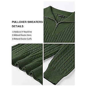 MEROKEETY Women's 2023 Long Sleeve 1/4 Zipper Sweaters V Neck Cable Knit Pullover Tops Army Green Medium
