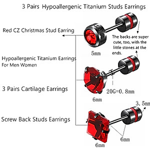 5 Pairs Colorful Screw Back of Earrings CZ Titanium Studs for Women Men,20G 6mm Surgical Steel Hypoallergenic Screw on Double Sided Barbell Stud Earring for Sensitive Ears (Red CZ)