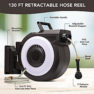 IDEALHOUSE Retractable Garden Hose Reel, 1/2 in x 100 ft Wall-mounted Hose Reel, with 9- Function Sprayer Nozzle, Any Length Lock/180° Swivel Bracket/Automatic Rewind/Slow Return System/Easy Watering