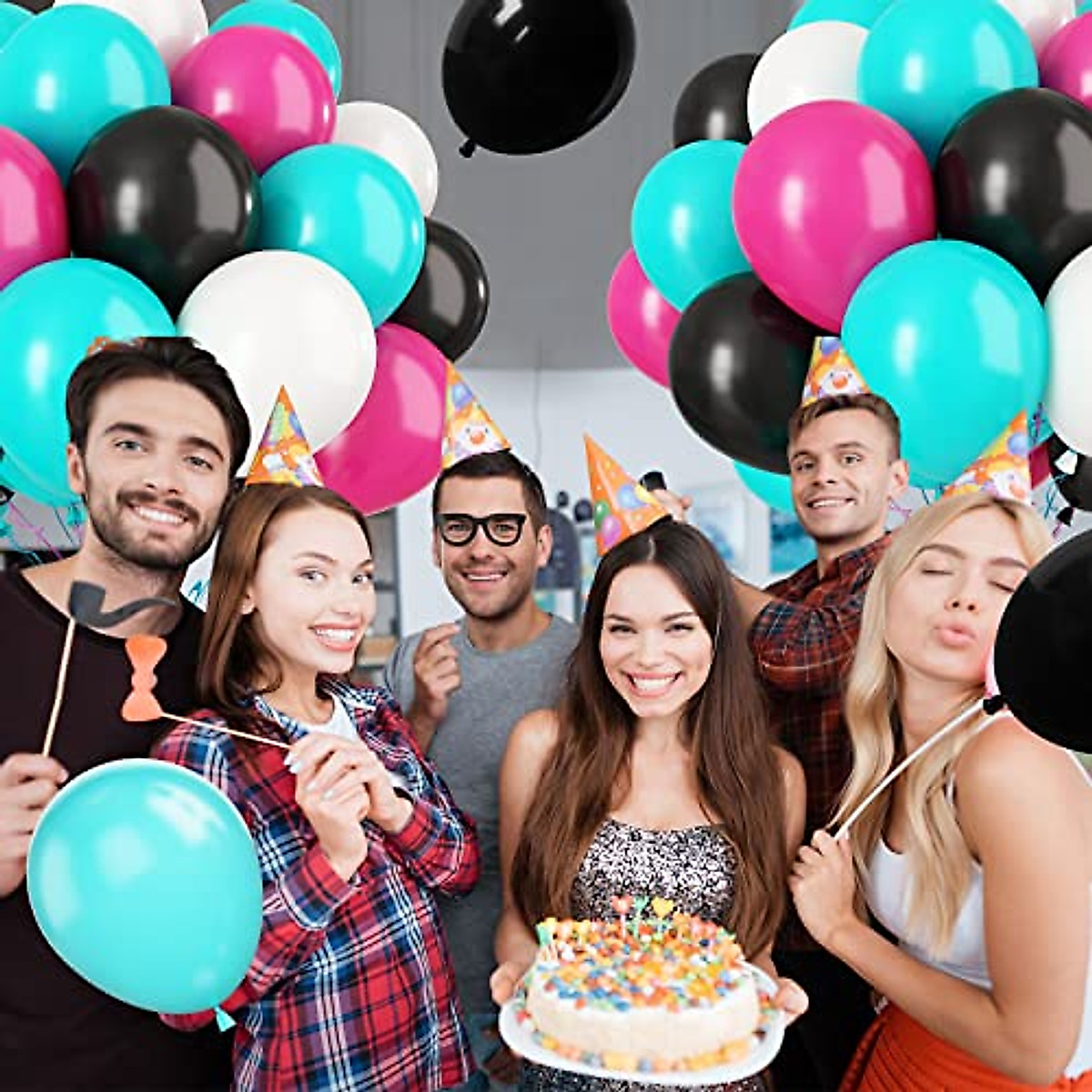 Paready Disco Music Party Balloons, 30 Pcs 12 Inch Hot Pink Black Blue and White Latex Balloons with Ribbons for 80s 90s Disco Music Party Hip Hop Theme Party Birthday DJ Short Video Party Decoration