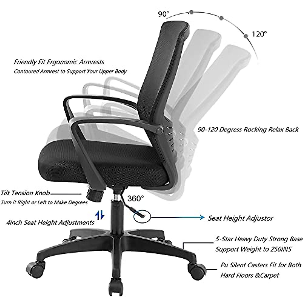 ANACCI Office Chair, Desk Chair with Rocking Back, Mid-Back Mesh Computer Chair with Adjustable Height, Drafting Chair Home Office