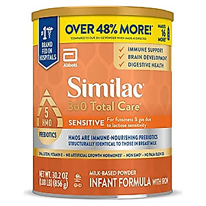 Similac 360 Total Care Sensitive Infant Formula, with 5 HMO Prebiotics, for Fussiness & Gas Due to Lactose Sensitivity, Non-GMO, Baby Formula Powder, 30.2-oz Can (Case of 6)