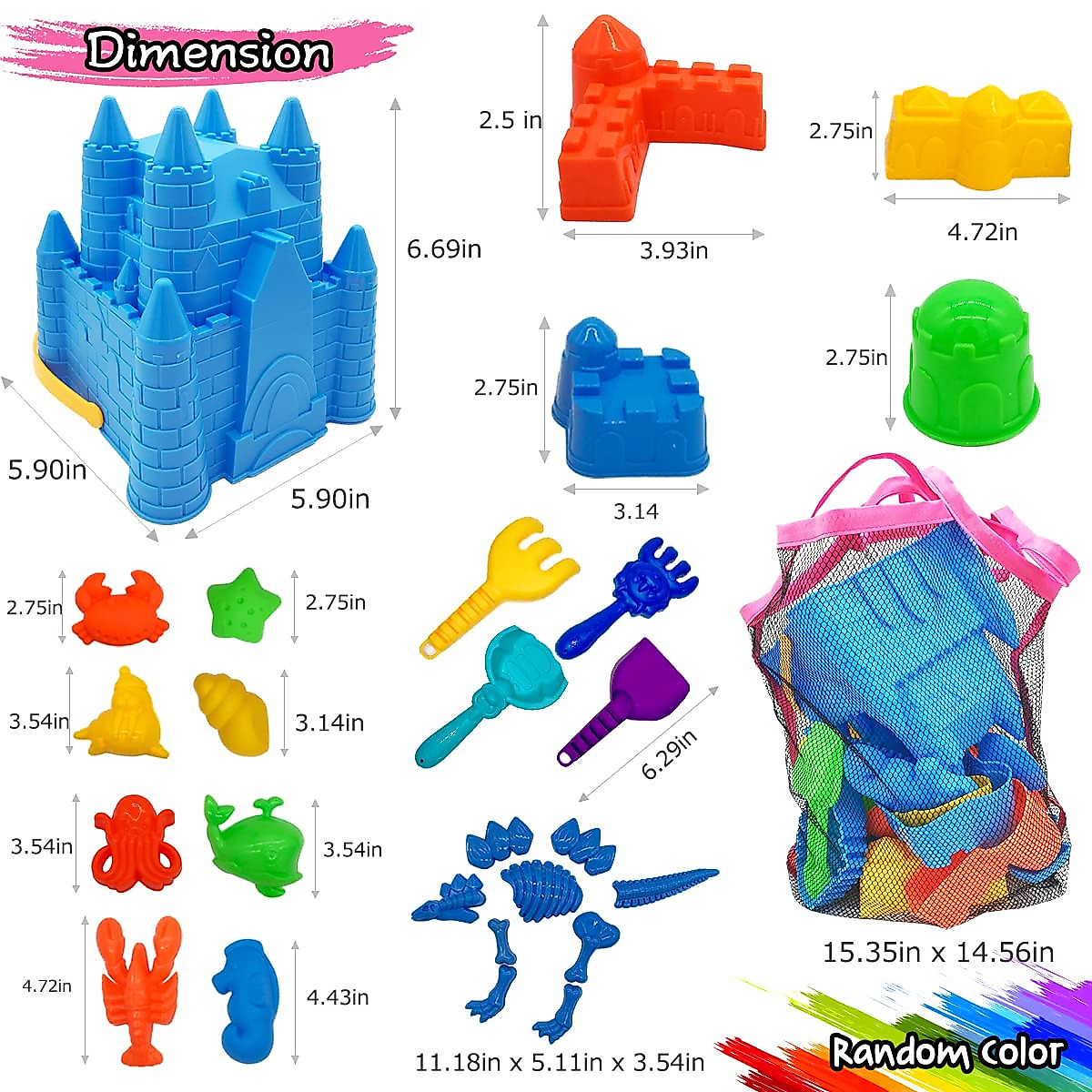 Beach Sand Toys for Kids, 27 pcs Beach Toys Castle Molds Sand Molds, Beach Bucket, Beach Shovel Tool Kit, Sandbox Toys for Toddlers, Beach Accessories Outdoor Indoor Play Gift 1 Bonus Mesh Bag