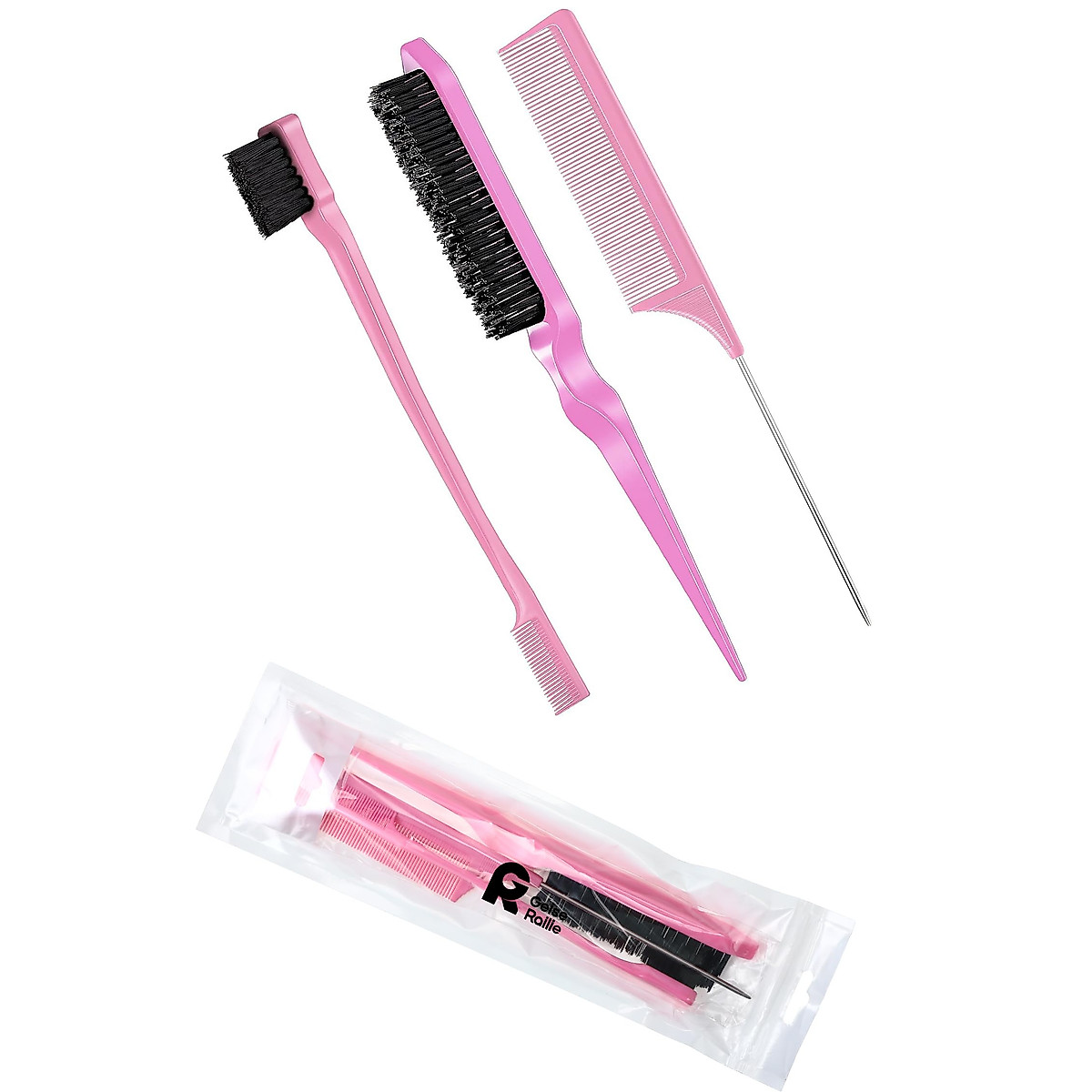Geiserailie 3 Pcs Slick Back Hair Brush Set Bristle Brush Edge Control Teasing Comb for Women Black Hair(Light Pink)