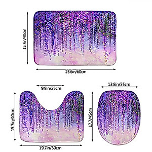 Wondertify Flowers Bathroom Antiskid Pad Spring Purple Flowers Wisteria Blossom Blurred Bokeh 3 Pieces Bathroom Rugs Set, Bath Mat+Contour+Toilet Lid Cover Violet Color