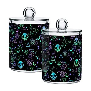 MNSRUU 2 Pack Qtip Holder Organizer Dispenser Magic Skulls Bathroom Storage Canister Cotton Ball Holder Bathroom Containers for Cotton Swabs/Pads/Floss