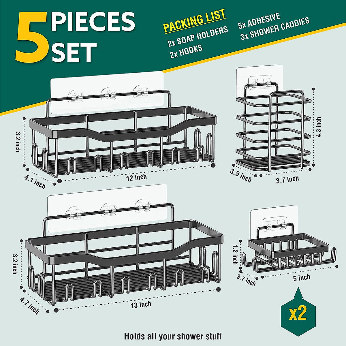 Shower Caddy 5 Pack, Adhesive Shower Organizer for Bathroom Storage & Home Decor & Kitchen,No Drilling, Large Capacity, Rustproof Stainless Steel Bathroom Organizer, Shower Shelves for Inside Shower