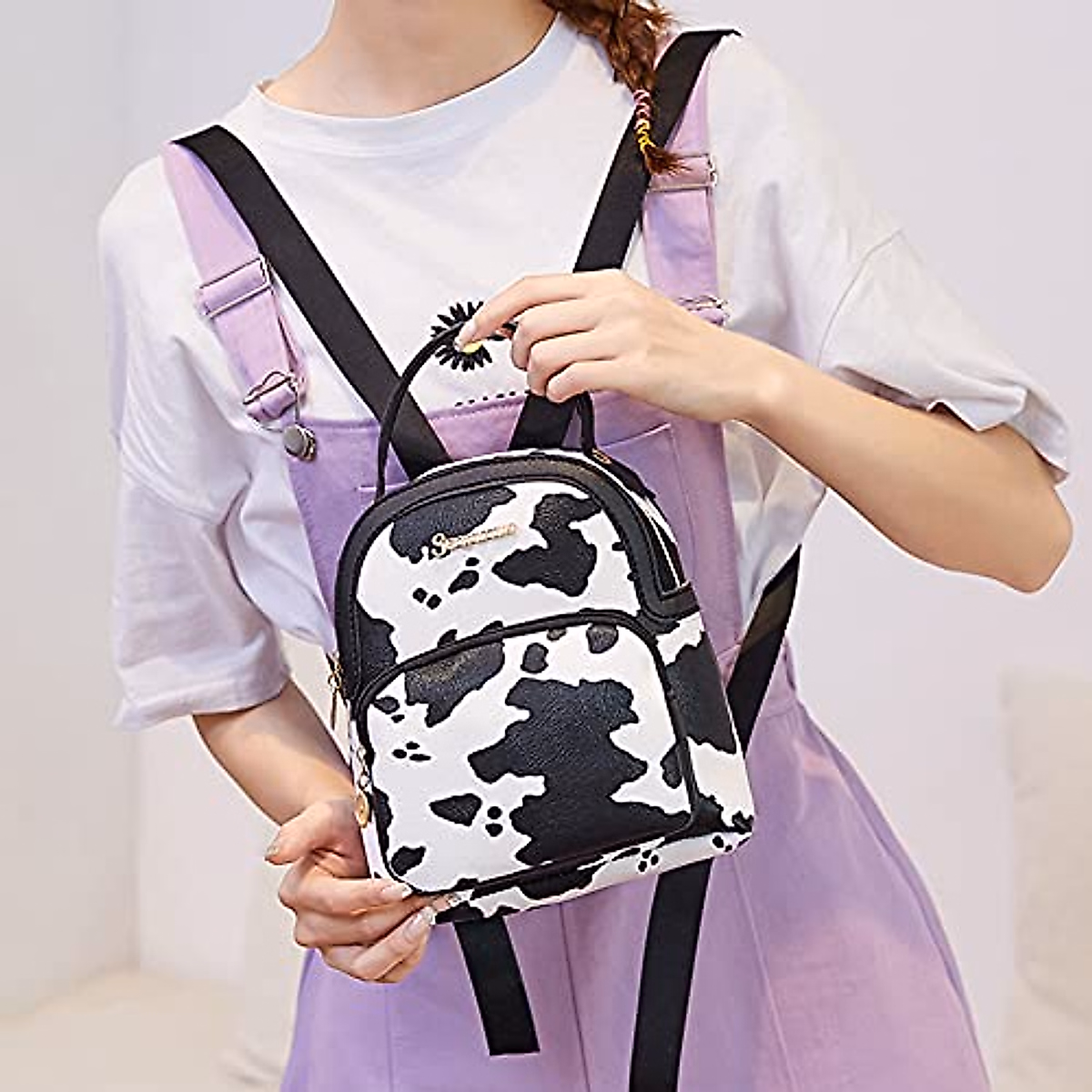 sikiwind Women PU Animal Pattern Print Backpack Preppy Style Handbags (White Cow)