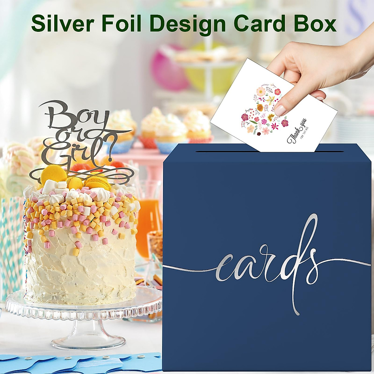 Navy Blue Card Box with Silver Foil Design Wedding Card Box Gift Cards Receiving Box for Party Graduation Bridal or Baby Showers, Raffle Ticket Box Money Box for Birthday Retirements Anniversaries