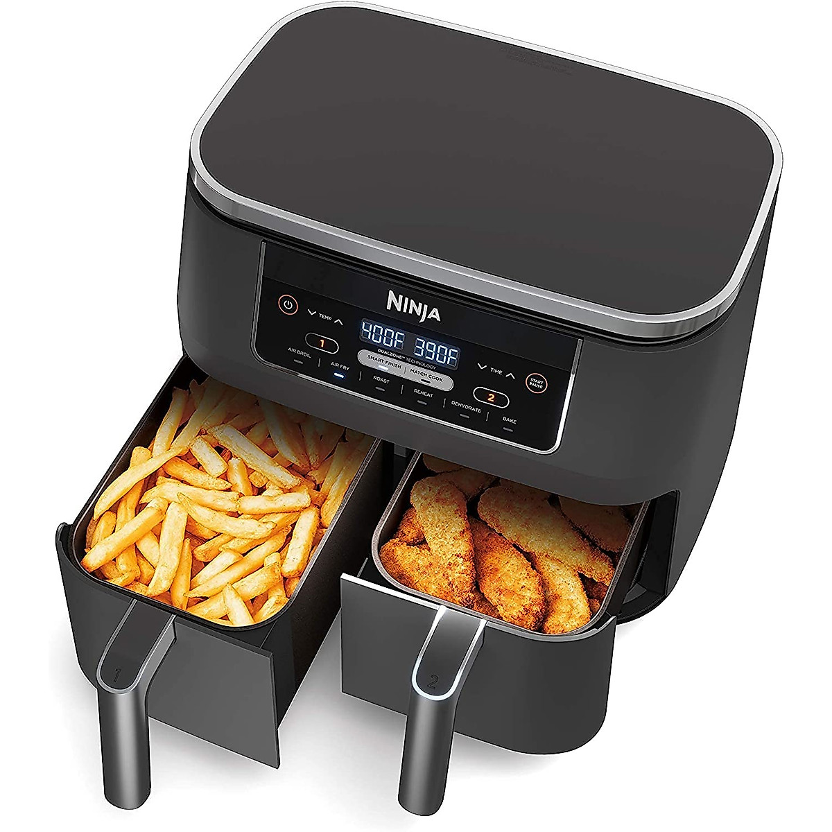 Ninja DZ201 Foodi 6-in-1 2-Basket Air Fryer with DualZone Technology, 8-Quart Capacity -Dark Grey Stainless- (Renewed)