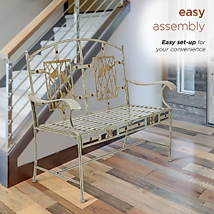 Alpine Corporation 45" x 22" Outdoor 2 Person Metal Garden Bench with Bird Design, White