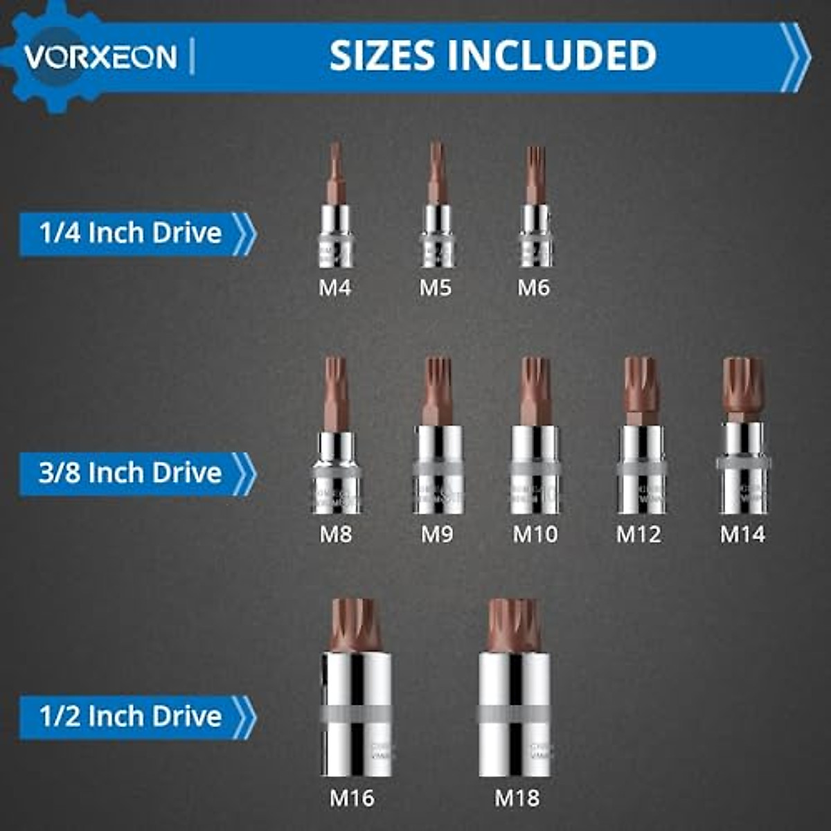 VORXEON 10 Pcs Triple Square Spline Bit Socket Set M4 - M18, S2 Alloy Steel and CR-V XZN Sockets with Storage Case, 1/4” 3/8” 1/2” Drive