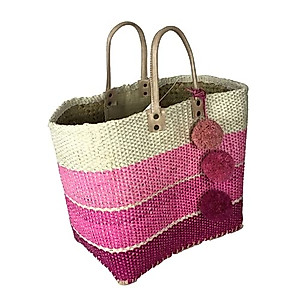 Mar Y Sol Samana Ombre Stripe Sisal Market Tote Straw Beach Bag w Pom Pom (Pink)