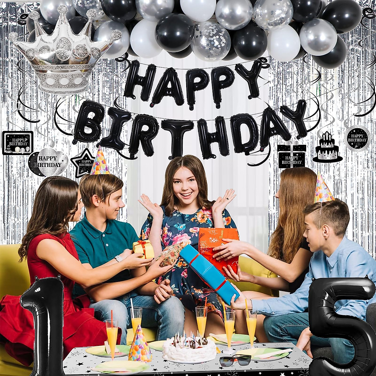Black and Silver 15th Birthday Decorations for Boys Girls, Black and White 15th Birthday Party Decorations for Boys Girls, Black Silver Happy Birthday Banner Balloons Fringe Curtains Table Cloths