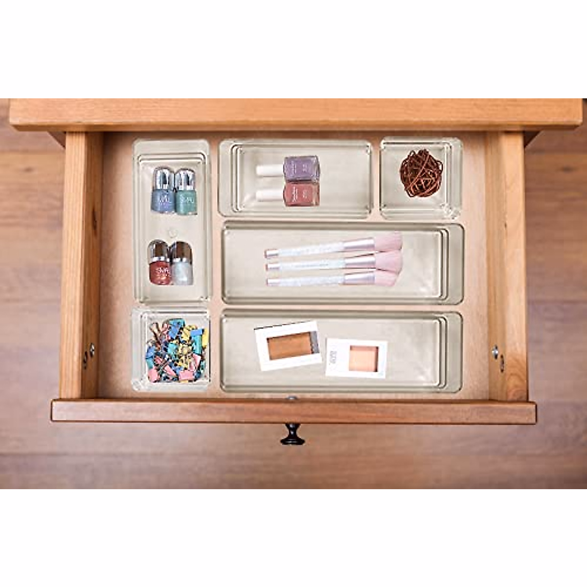 LilGift ARAD 2 Pieces Clear Vanity & Drawer Organizer, Acrylic Organizer, Drawer Divider, Makeup Bathroom Organizer, Kitchen Utensils