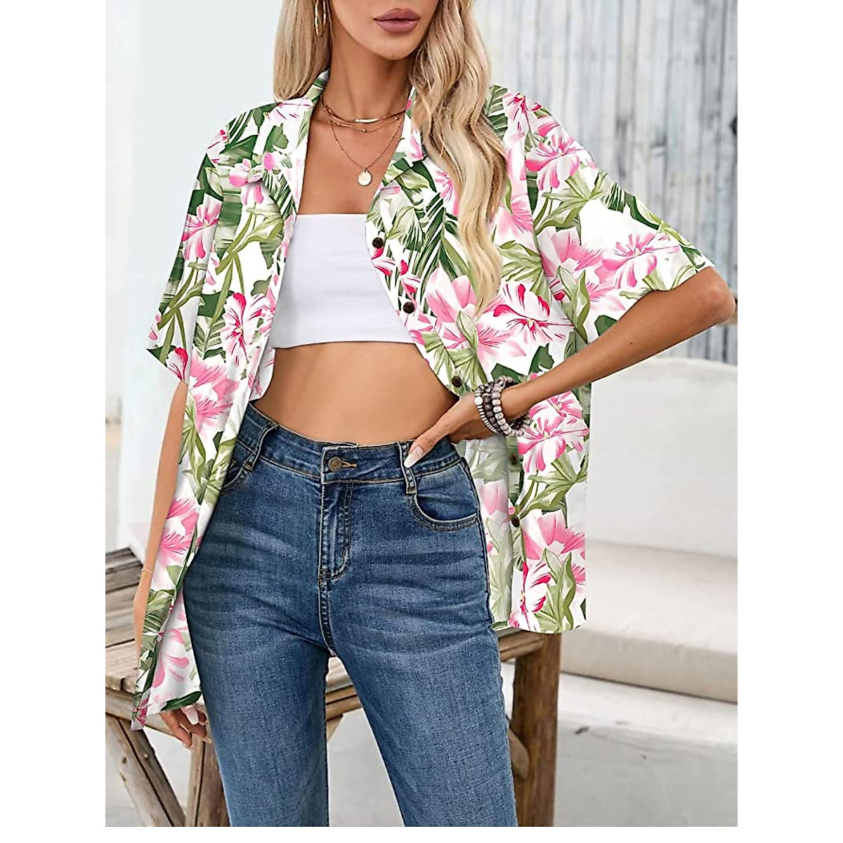 LILYCHIC Women’s Hawaiian Shirts Luau Party Blouses Outfits Aloha Summer Beach Tropical Tops Vacation Plus Size Button Down Short Sleeve Floral Leaf Print Casual Shirt White, XL