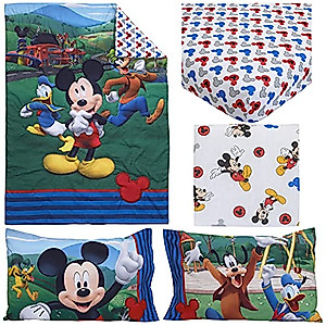 Disney Mickey's Big Adventure Blue, Red, Yellow & Green 4Piece Toddler Bed Set - Comforter, Fitted Bottom Sheet, Flat Top Sheet, Reversible Pillowcase, Blue, Red, Yellow, Green