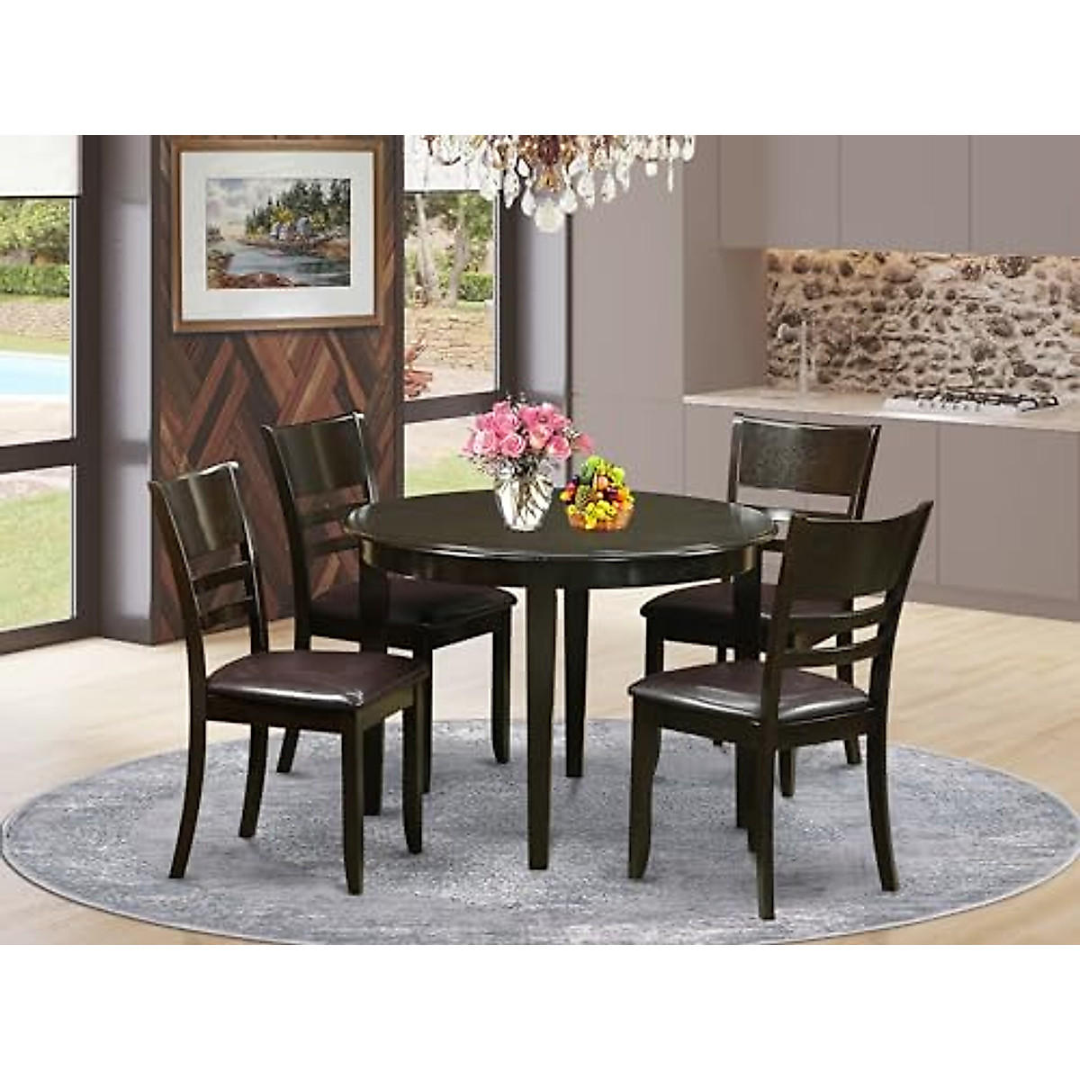 East West Furniture BOLY5-CAP-LC 5 Piece Modern Dining Table Set Includes a Round Kitchen Table and 4 Faux Leather Dining Room Chairs, 42x42 Inch, Cappuccino
