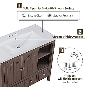 Lifeand, Integrated Combo with White Built-in Ceramic Top & Modern Base Cabinet 36" Bathroom Vanity with Sink, 36'', Brown