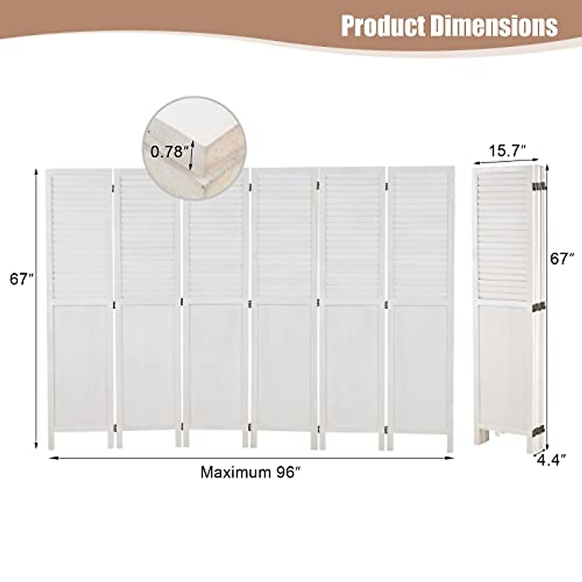 Vicluke 6 Panels Room Divider with 360 Degree Hinges, 5.6 FT Wood Folding Privacy Screen, Freestanding Partition Wall Dividers for Office, Home, Christmas Decor(White)