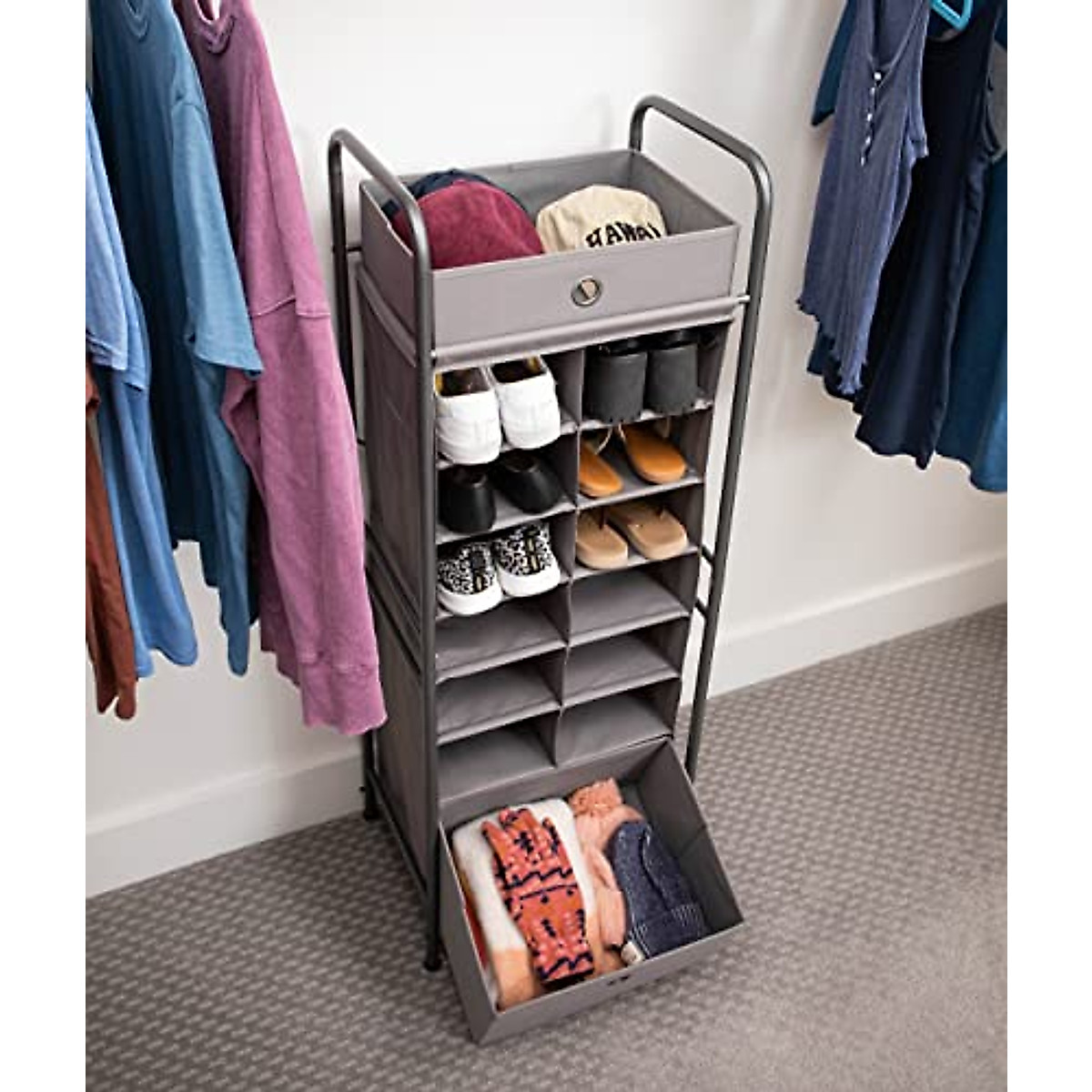 BIRDROCK HOME 12 Cubby Vertical Shoe Rack Organizer with Large Drawer - Grey - Free Standing Tower for Closet - Sturdy Metal Frame - Space Saver - Bedroom Organization